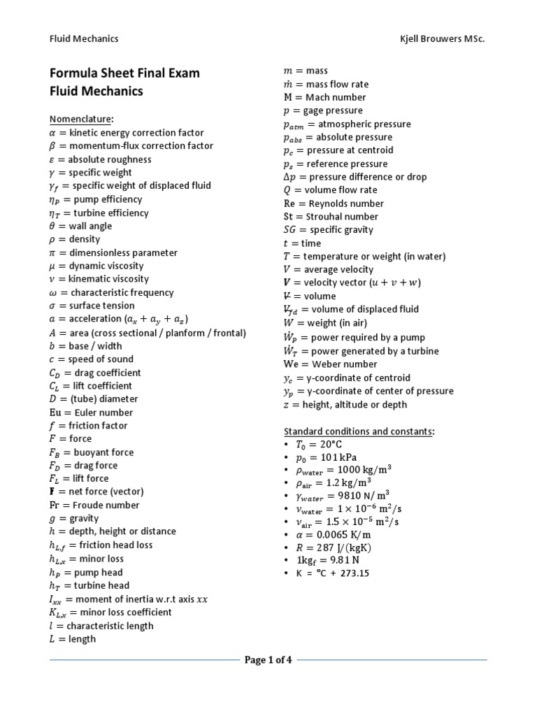 Formula Sheet Final Exam Fluid Mechanics PDF | PDF | Reynolds Number ...