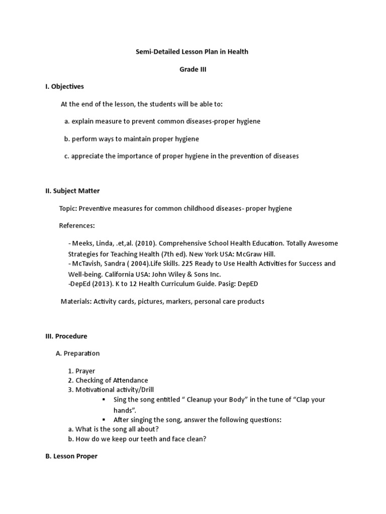 Health LP | PDF | Hygiene | Lesson Plan