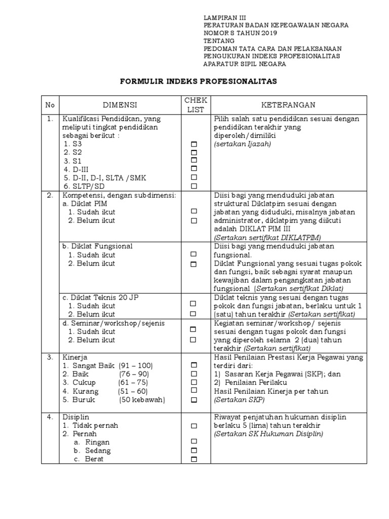 Formulir Indeks Profesionalitas Asn 2019 | PDF