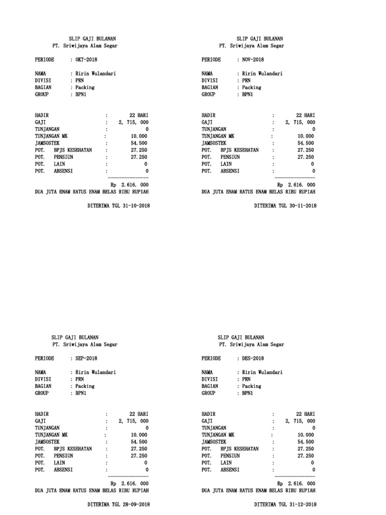 SLIP GAJI BULANAN RIRIN MIE SEDp | PDF