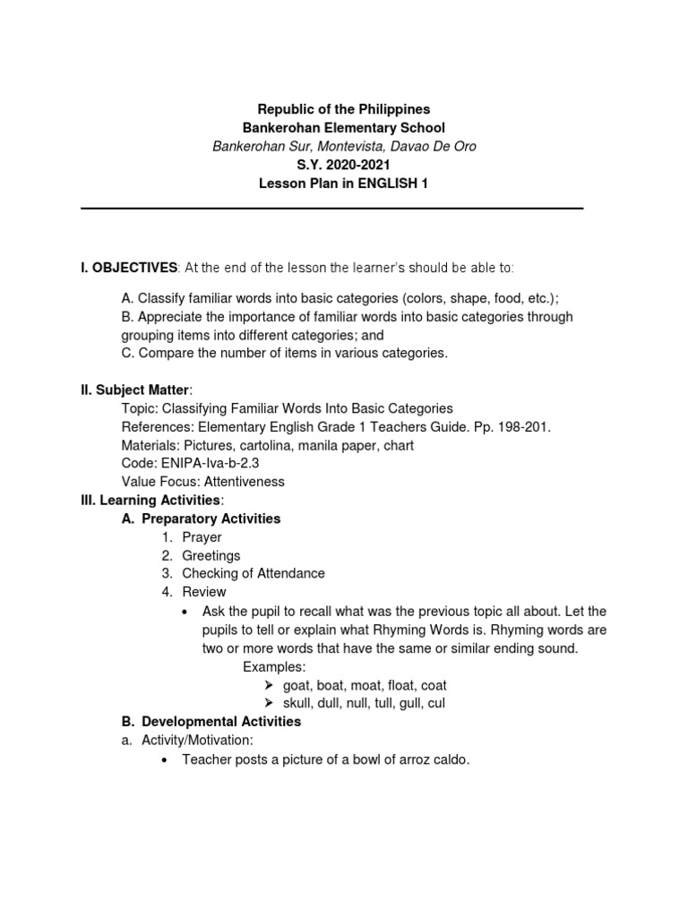 Classifying Familiar Words: A Lesson Plan on Categorization | PDF ...