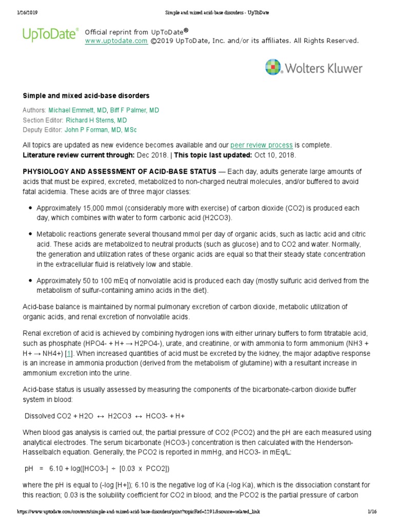 Simple and Mixed Acid-Base Disorders - UpToDate | PDF | Bicarbonate | Ph