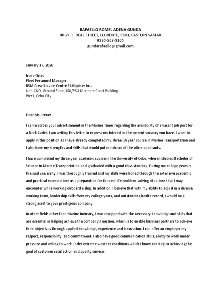 Deck Cadet Application Letter | PDF | Cognition | Psychological Concepts