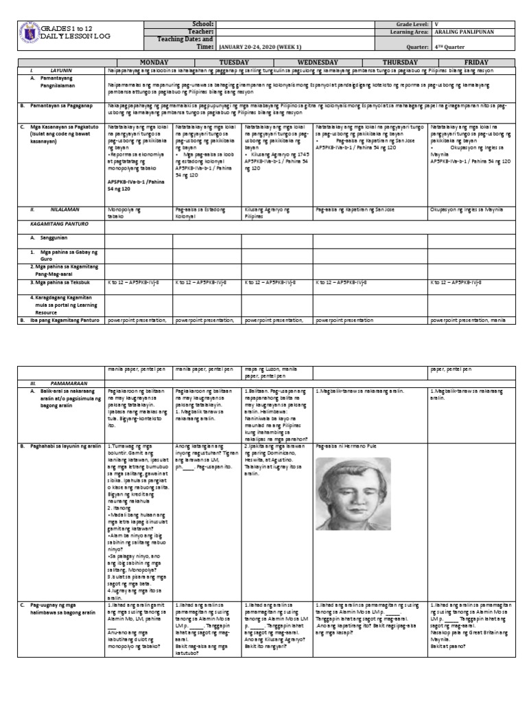 Grade 5 DLL Araling Panlipunan 5 Q4 Week 1 | PDF