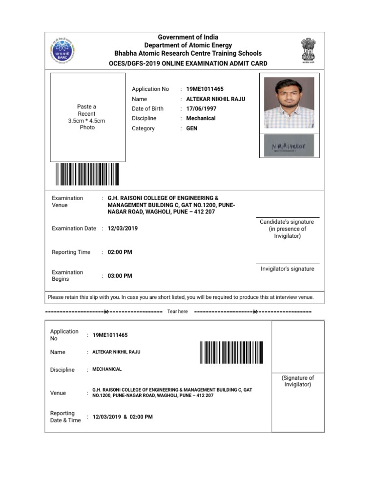 BARC Admit Card | PDF | Identity Document