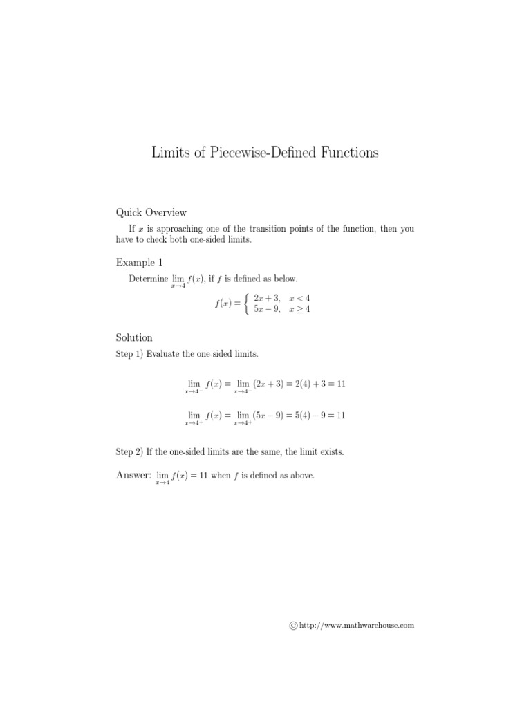 Limits With Piecewise Functions | PDF | Discrete Mathematics | Mathematical Objects