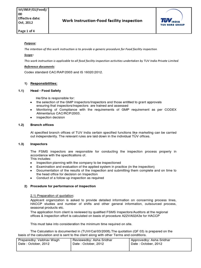 Food Facility Inspection Procedure | PDF | Food Safety | Hazard ...