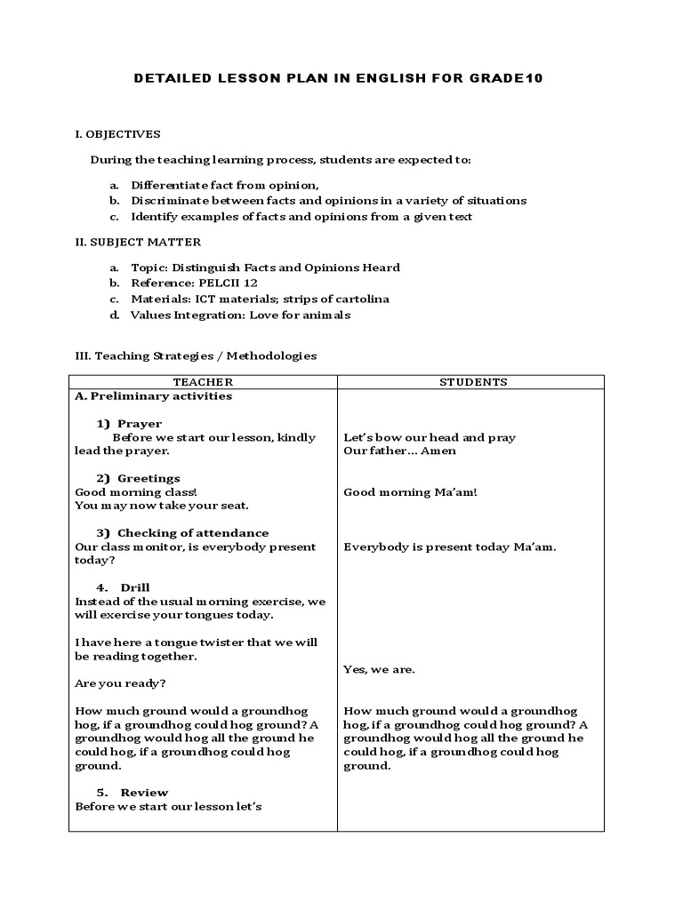 Detailed Lesson Plan For Fact and Opinion | PDF | Lesson Plan | Causality