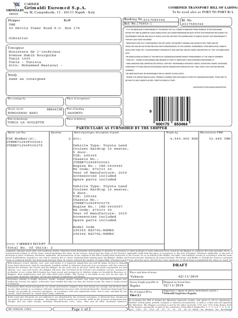 Combined Transport Bill of Lading | PDF | Cargo | Bill Of Lading