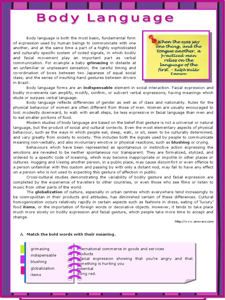 Body Language Reading Comprehension Exercises - 42137 | PDF | Body ...