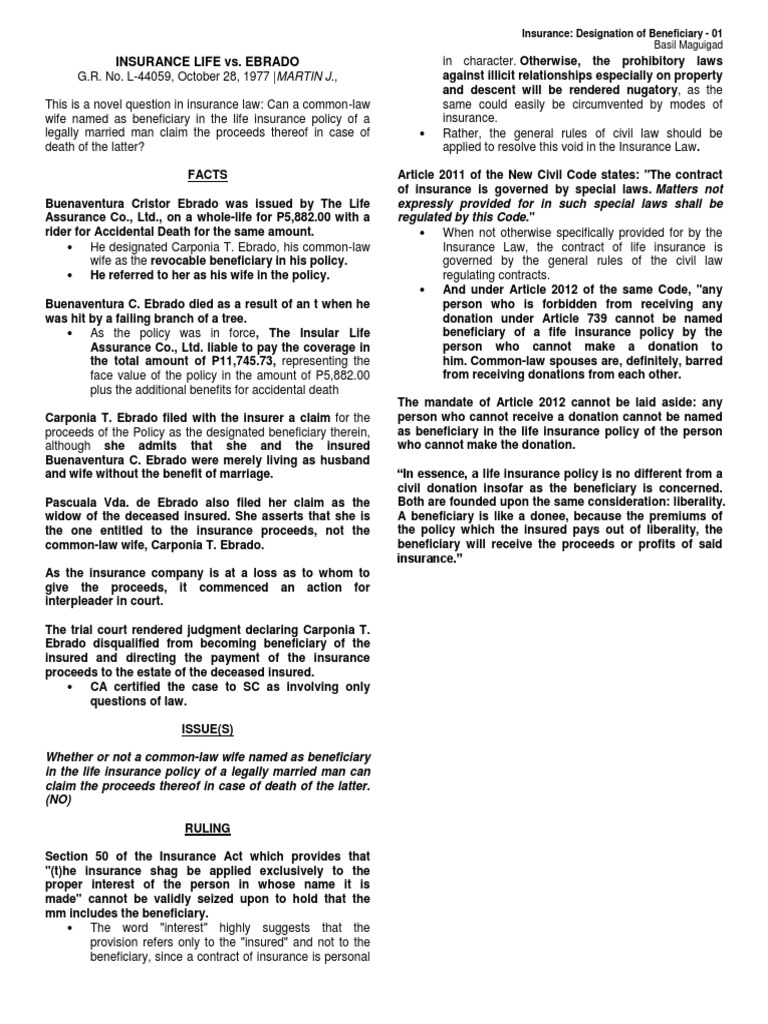 01 Insular Life v. Ebrado | PDF | Life Insurance | Insurance