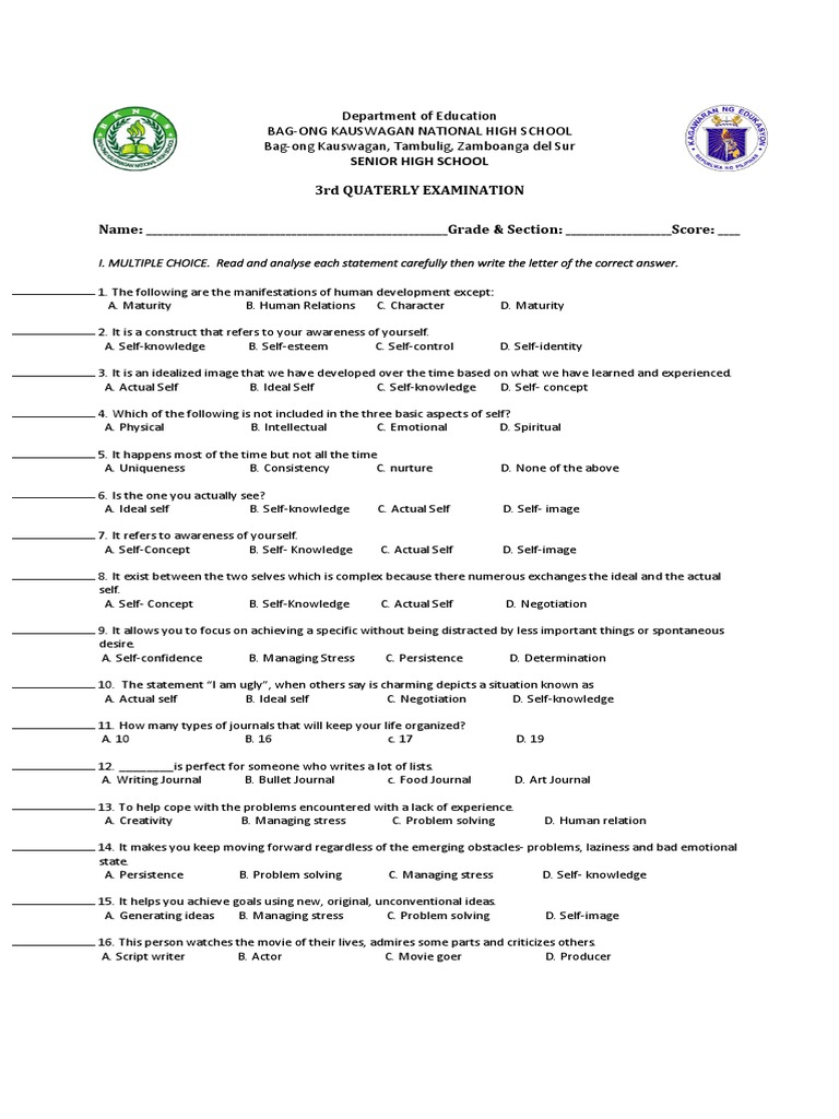Per Dev Exam | PDF | Self | Self Concept