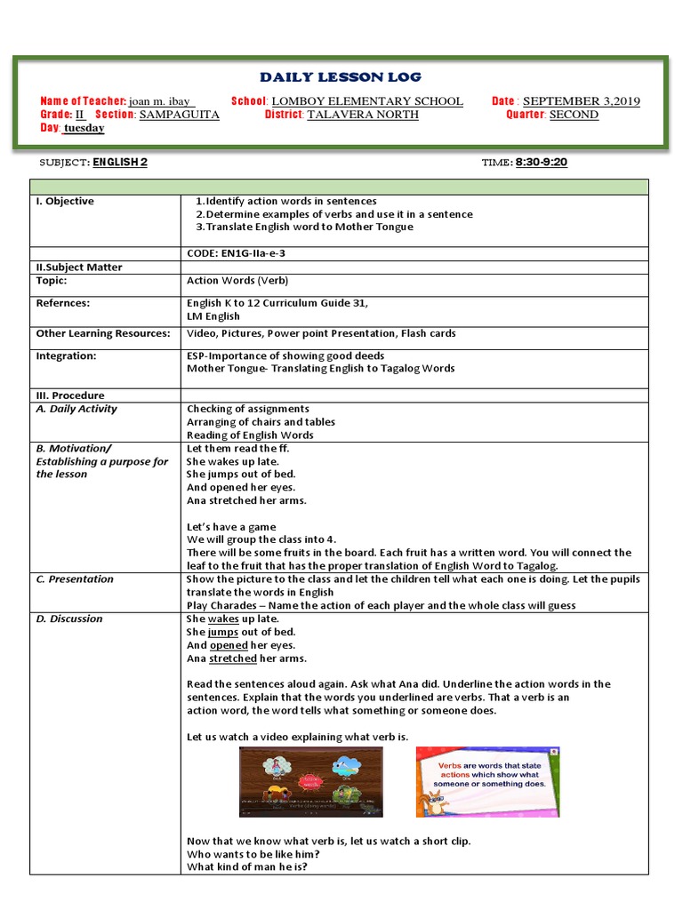 Daily English Lesson on Identifying Verbs and Their Use in Sentences ...