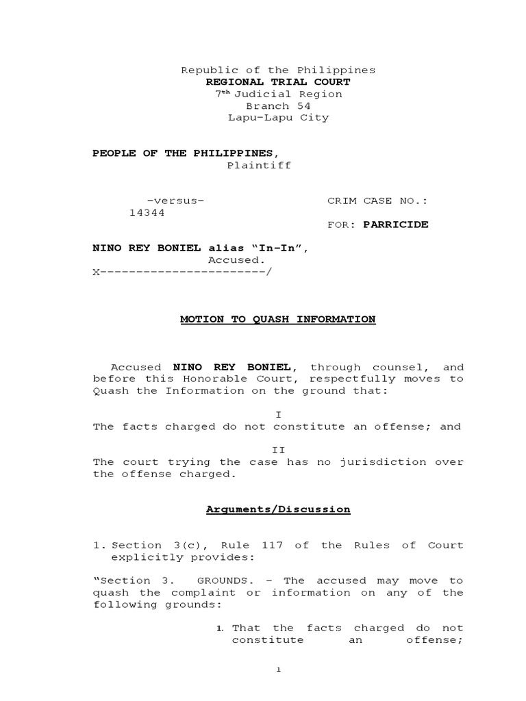 Motion To Quash Parricide | PDF | Crime & Violence | Crime Thriller