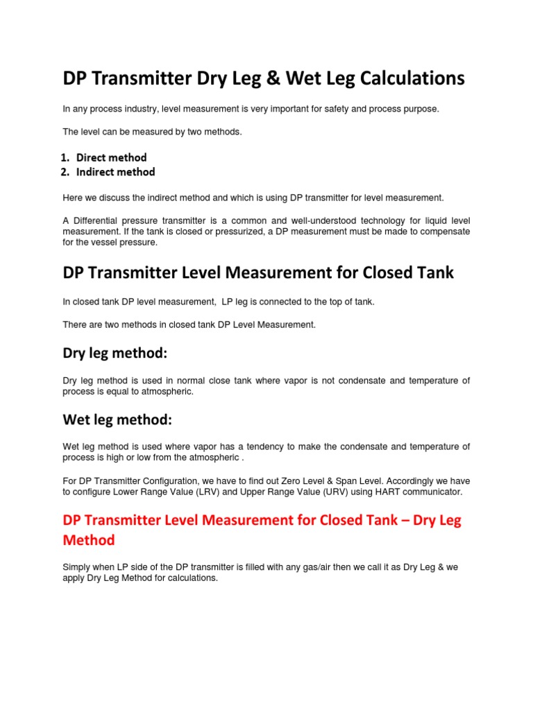 Level Tranmitter Dry Leg Wet Leg Calibration Calulation | PDF ...