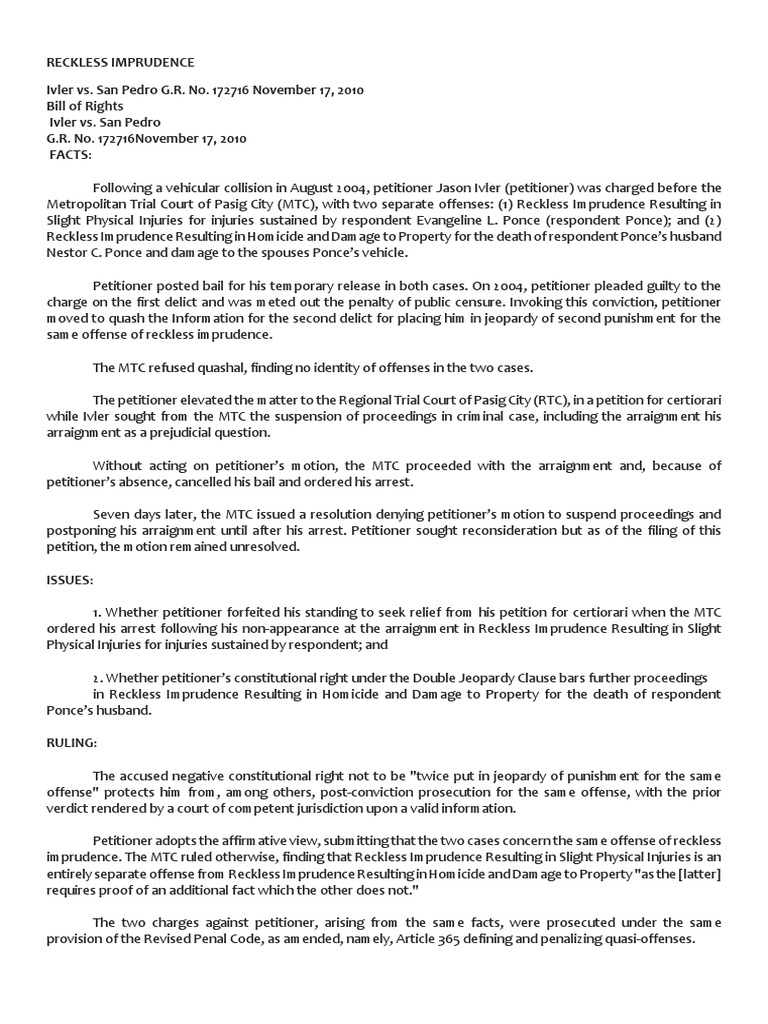 Reckless Imprudence 1. AGUILAR-V-SAN-PEDRO | PDF | Double Jeopardy ...