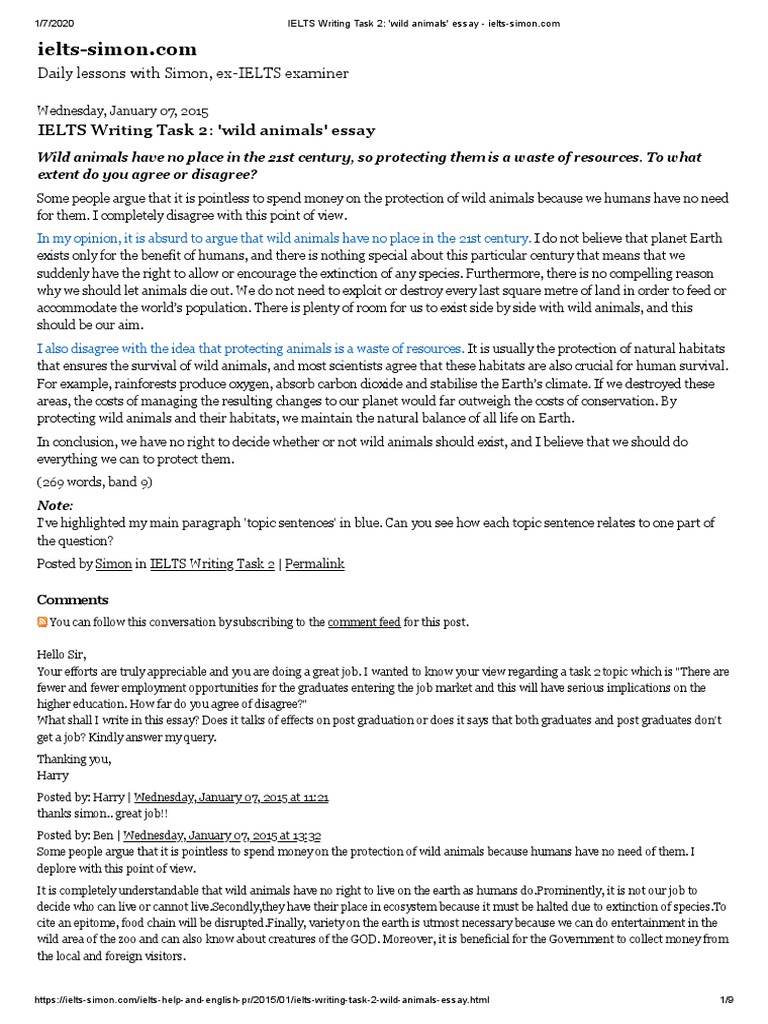 IELTS Writing Task 2 - 'Wild Animals' Essay | PDF | Wildlife | Argument