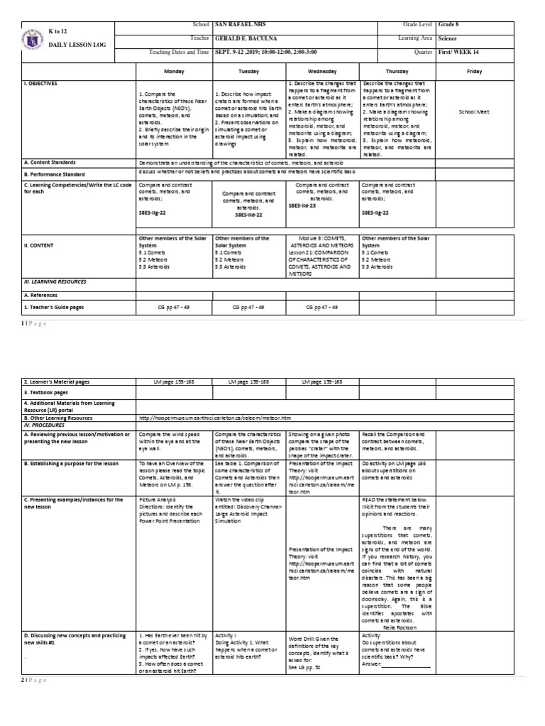 DLL sCIENCE gRADE 8 Quarter 2 Week 13 | PDF | Meteoroid | Asteroid