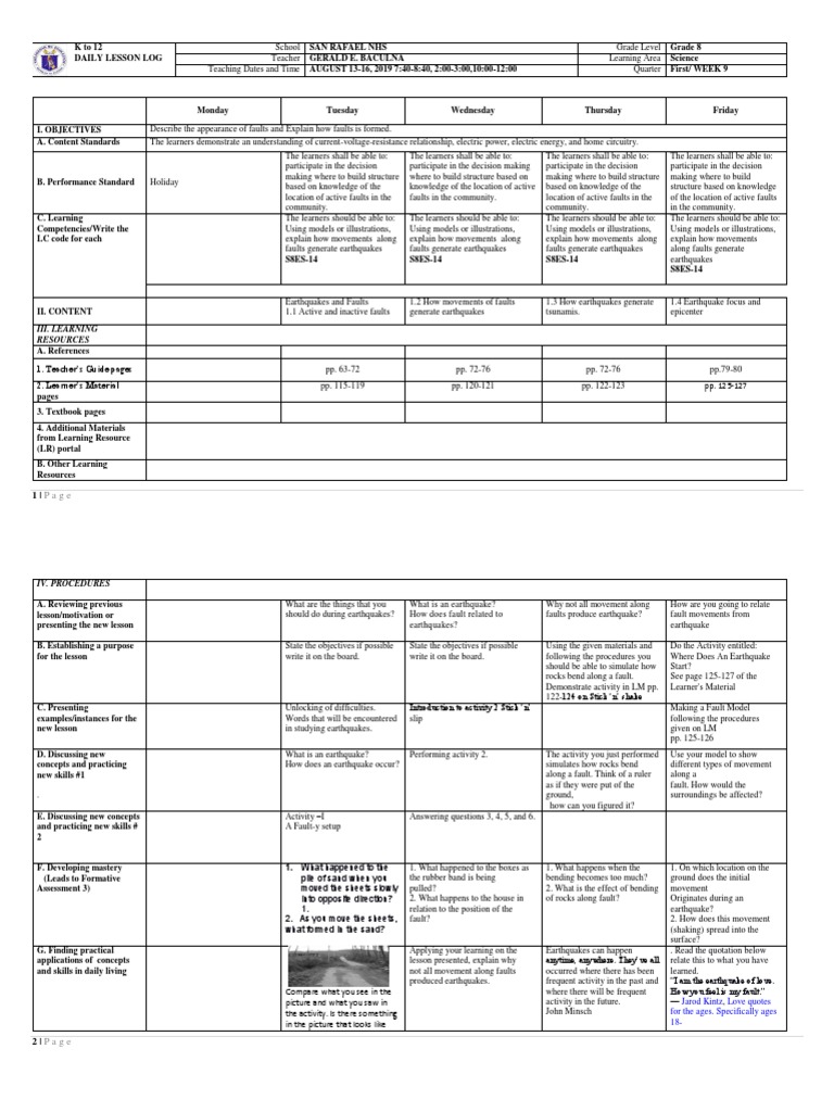 DLL Science Grade8 Quarter2 Week 9 | PDF | Earthquakes | Fault (Geology)
