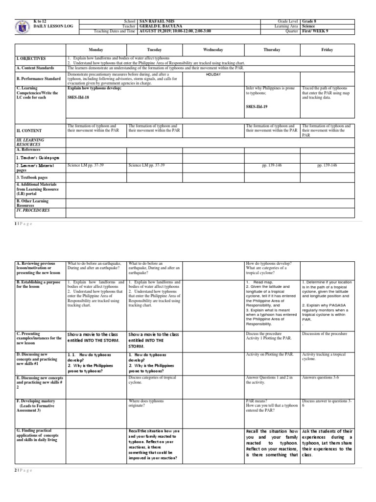 DLL Science Grade8 Quarter2 Week 10 | PDF | Tropical Cyclones ...