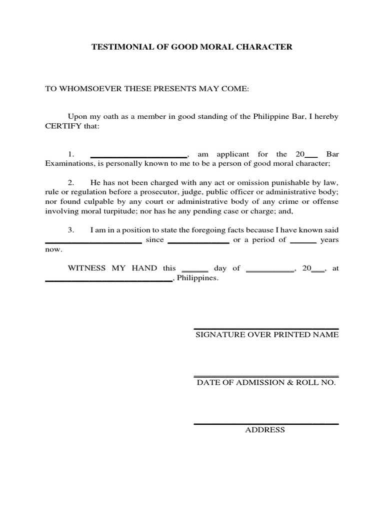 Good Moral Character Testimonial For Bar Pdf 3608
