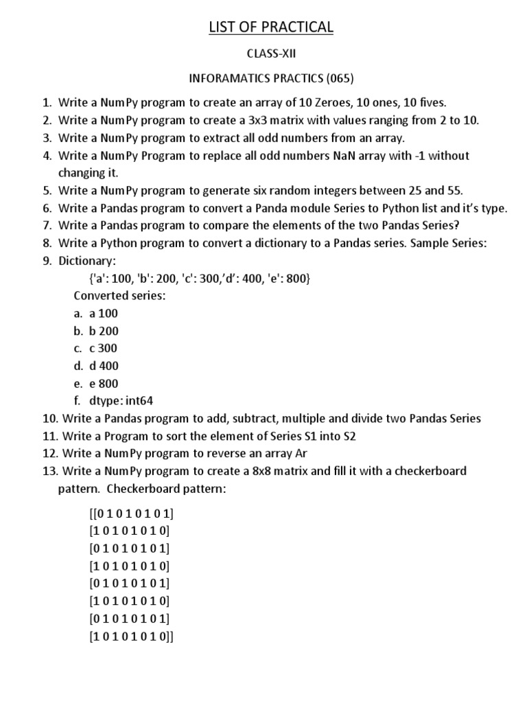 Practical Exercises In Numpy And Pandas For Class Xii Informatics Pdf Computer Programming