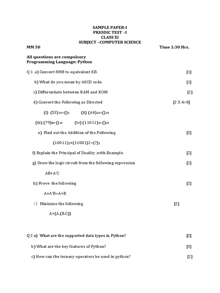 Class XI-CS-PT1 Sample Question Paper-I | PDF | Python (Programming Language) | C (Programming ...