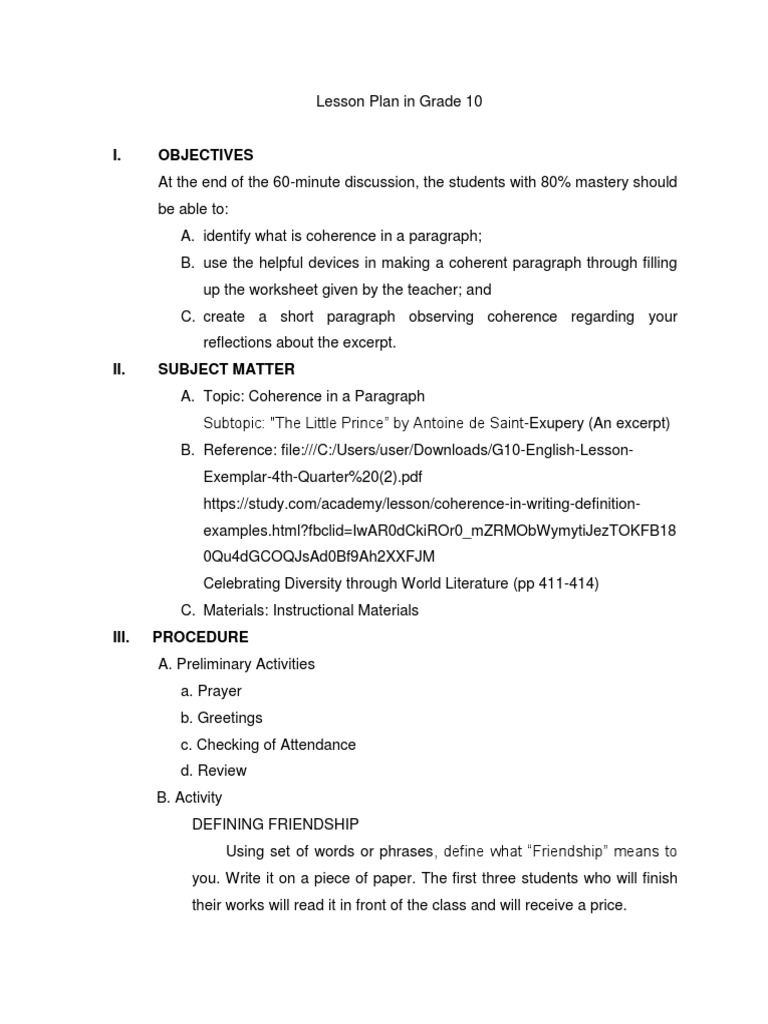 Grade 10 Lesson Plan on Coherence | PDF | Sentence (Linguistics) | Phrase