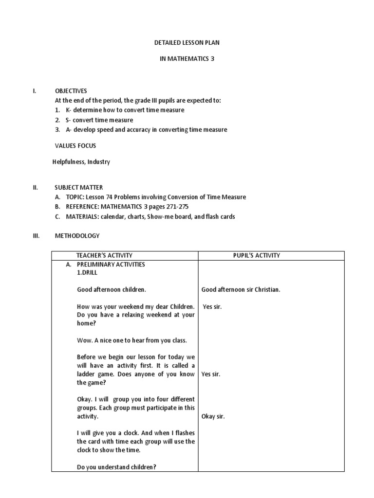 DETAILED LESSON PLAN in MATH | Download Free PDF | Lesson Plan | Time