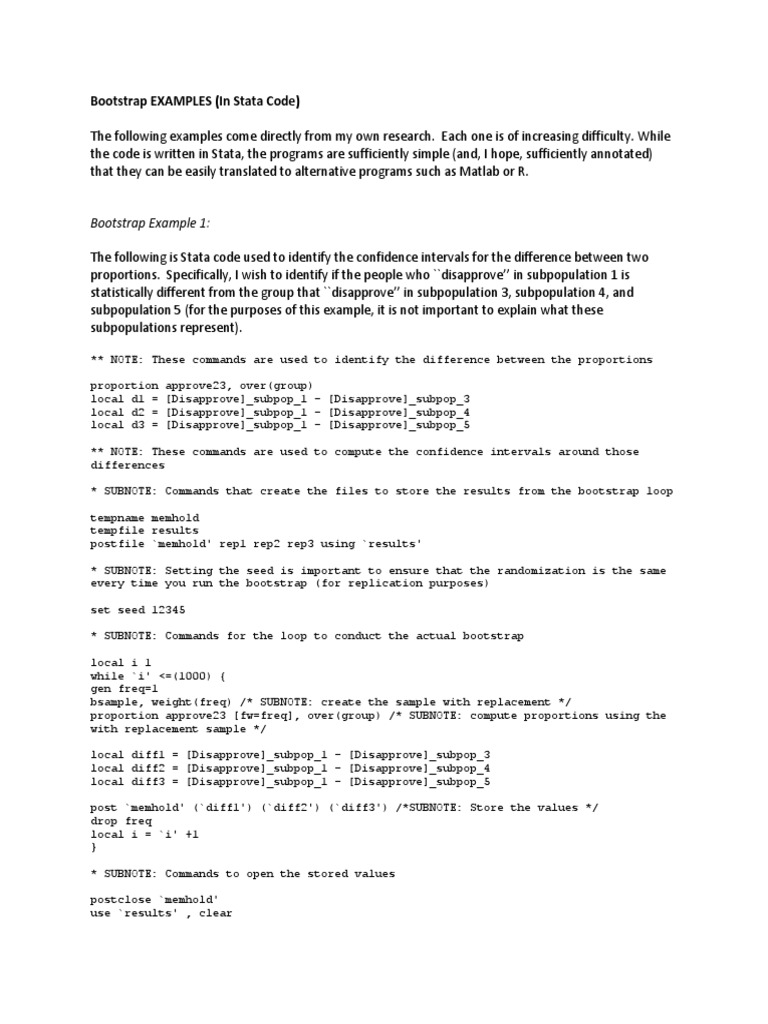 Stata Bootstrap Code Examples | PDF | Bootstrapping (Statistics) | Estimation Theory