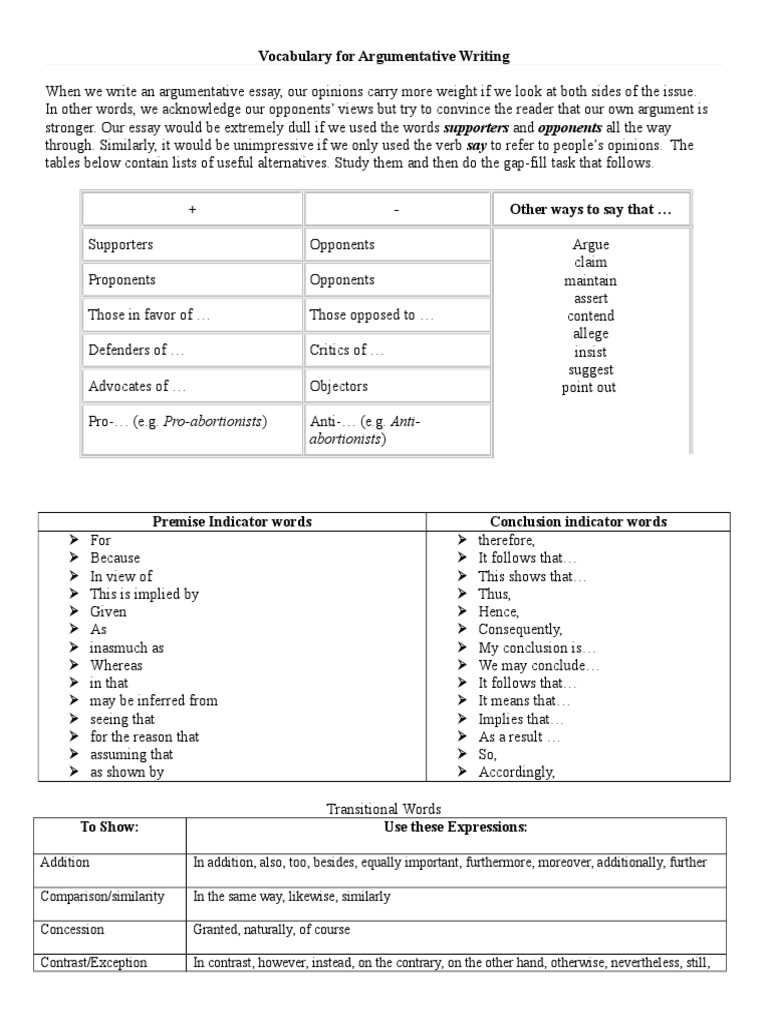 Vocabulary & Language For Argumentative Writing | PDF | Reason | Argument