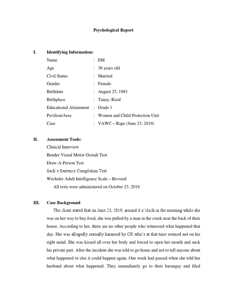 Sample of Psychological Report | PDF | Emotions | Reason