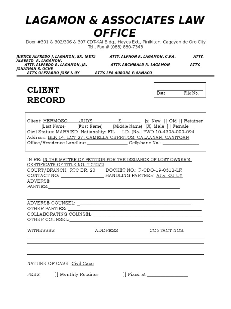 CDO Law Office Client Record Template | PDF | Government | Justice