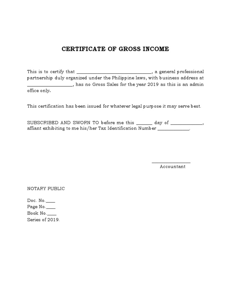 Template - CERTIFICATE OF GROSS INCOME | PDF