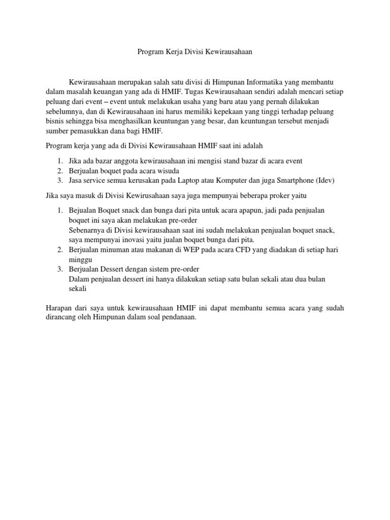 Program Kerja Divisi Kewirausahaan-Dikonversi | PDF