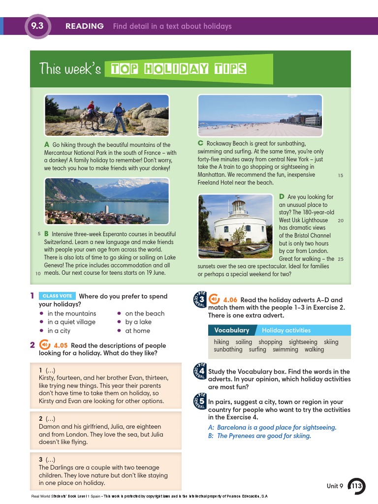 Real World - Students Book - Level 1 - Top Holidays Tips | PDF