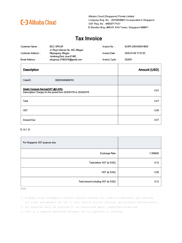 Alibaba Cloud Invoice for EDC Group | PDF | Invoice | Taxation
