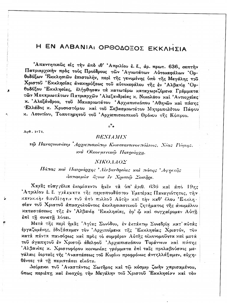 ΓΡΑΜΜΑΤΑ ΠΡΟΚΑΘΗΜΕΝΩΝ ΓΙΑ ΤΟ ΑΥΤΟΚΕΦΑΛΟ ΤΗΣ ΕΚΚΛΗΣΙΑΣ ΤΗΣ ΑΛΒΑΝΙΑΣ | PDF