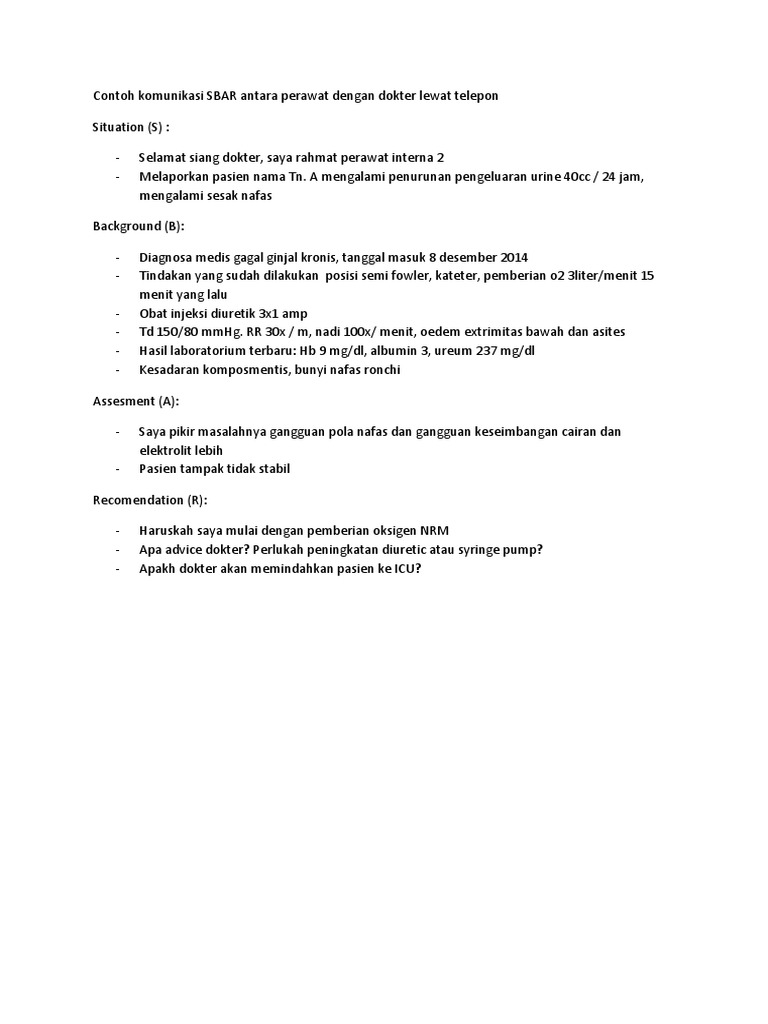 Contoh SBAR Per Telepon | PDF