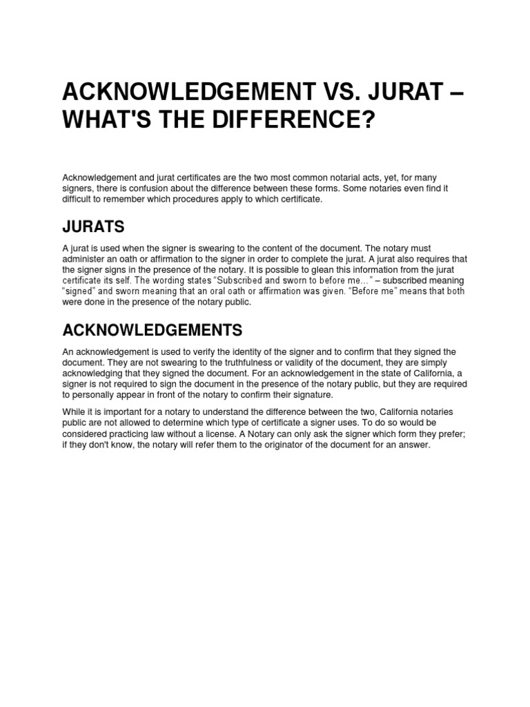 Acknowledgement vs. Jurat Explained | PDF | Politics | Law