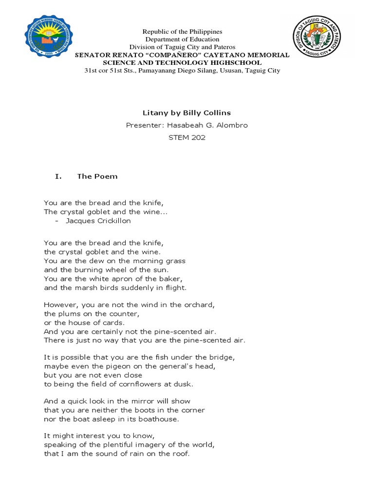 Litany by Billy Collins | PDF | Poetry | Love