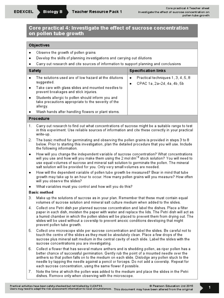 AS and A Level Biology B Core Practical 4 - Pollen Tube Growth (Student ...