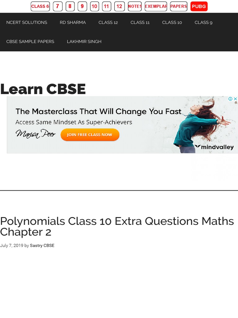 Polynomials Class 10 Extra Questions Maths Chapter 2 - Learn CBSE | PDF ...