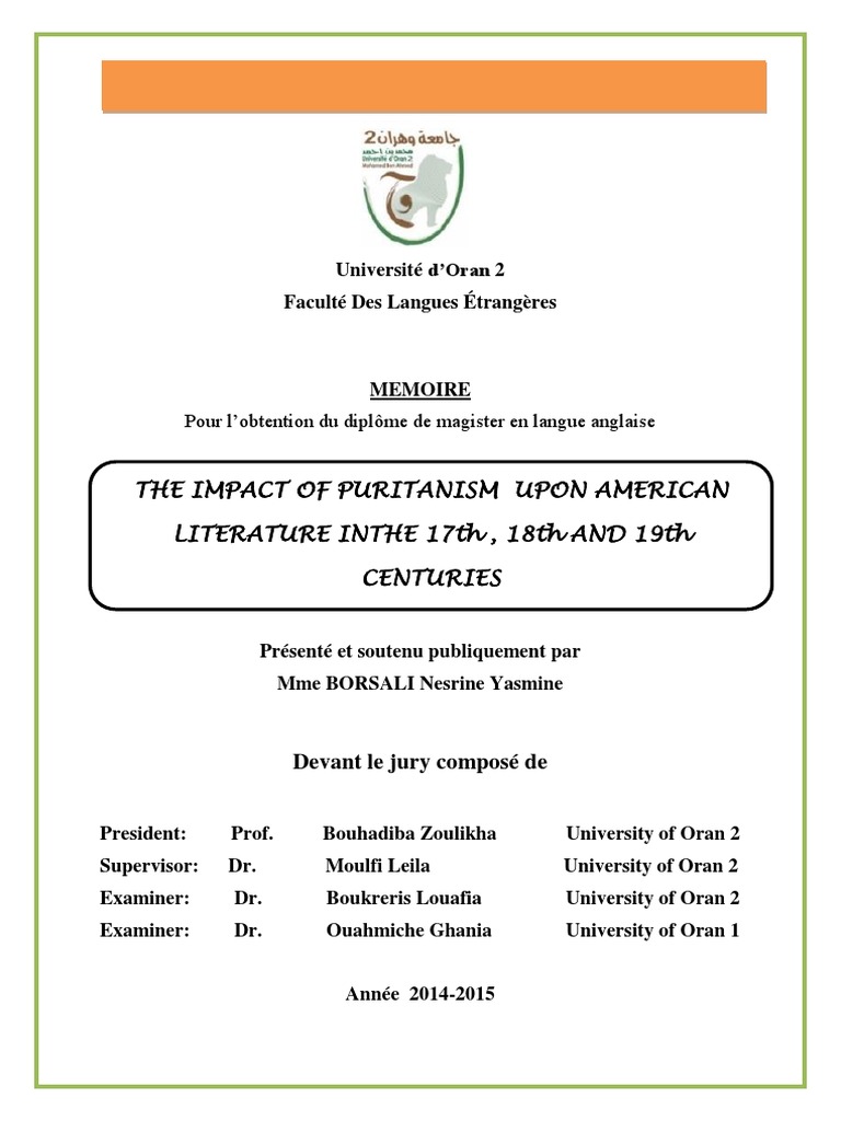 THE IMPACT OF PURITANISM UPON AMERICAN LITERATURE INTHE 17th, 18th AND ...