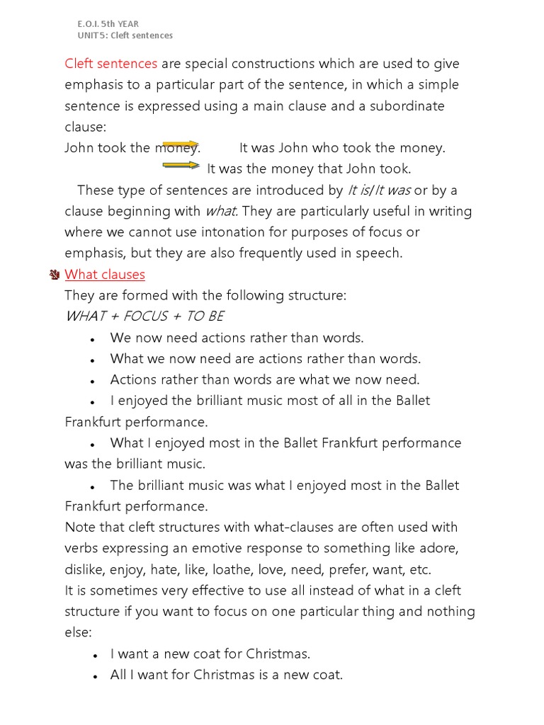 Cleft Sentences Exercises | PDF | Clause | Sentence (Linguistics)