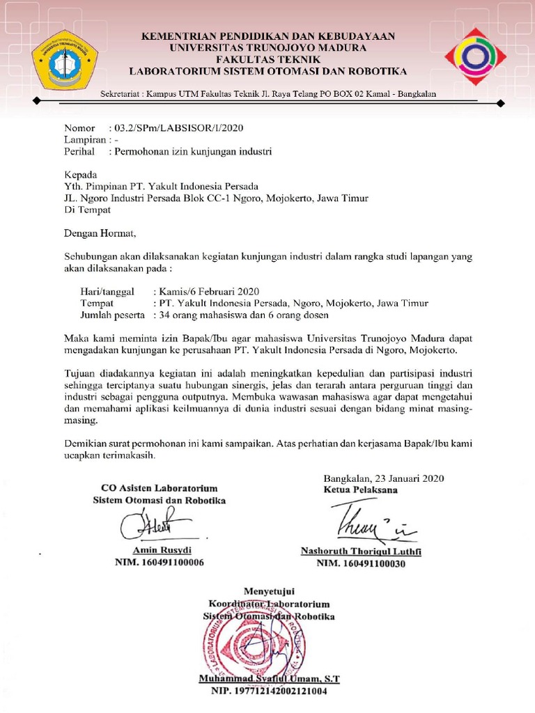 Surat Permohonan Kunjungan Industri PT Yakult (Univ Trunojoyo) | PDF