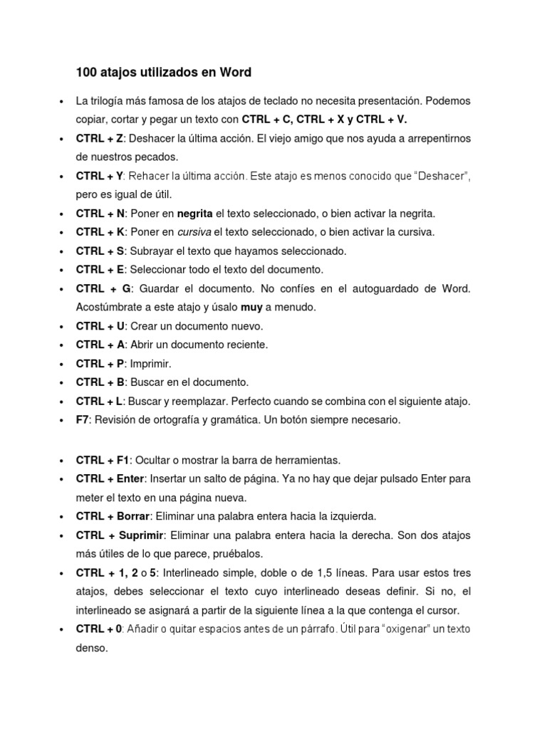 100 Atajos Utilizados en Word | PDF | Hoja de cálculo | Microsoft Excel