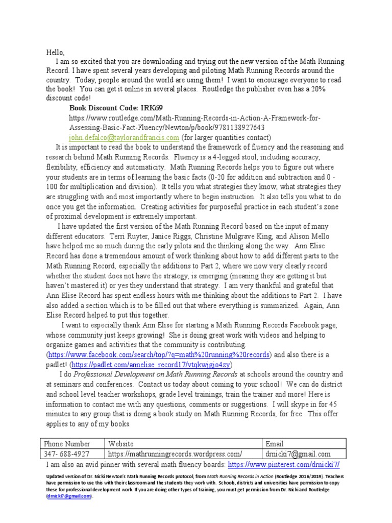 Addition - Math Running Record | PDF | Classroom | Teaching Mathematics