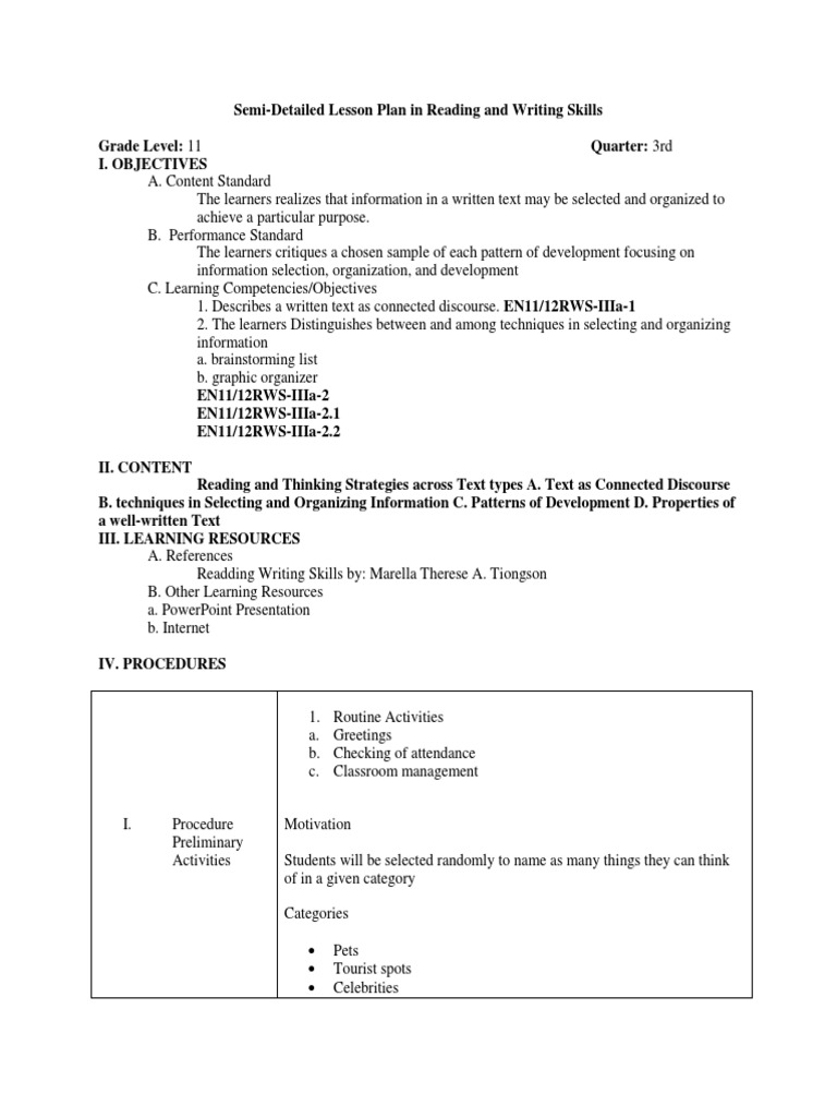 Semi Detailed Brainstorming | PDF | Lesson Plan | Behavior Modification