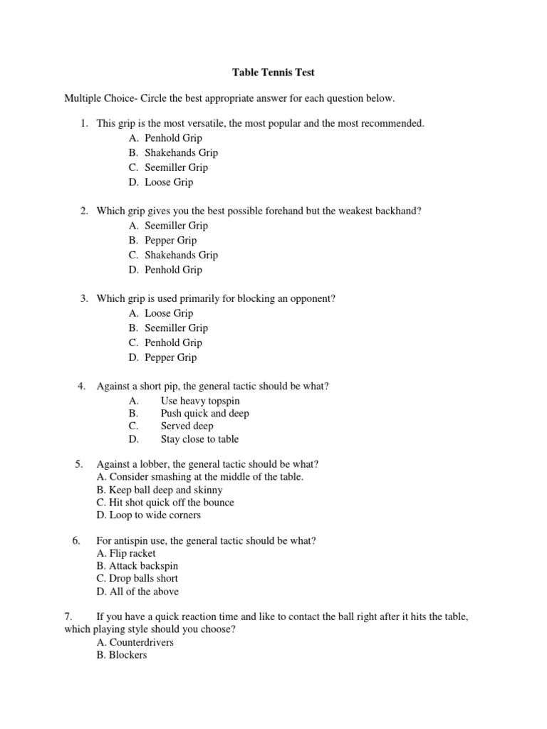 Table Tennis Test | PDF | Table Tennis | Individual Sports